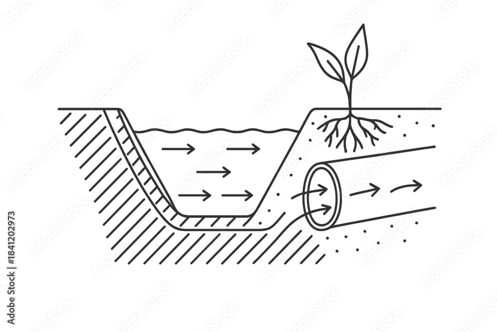 Water flow diagram showing plant roots and soil layers with underground ...