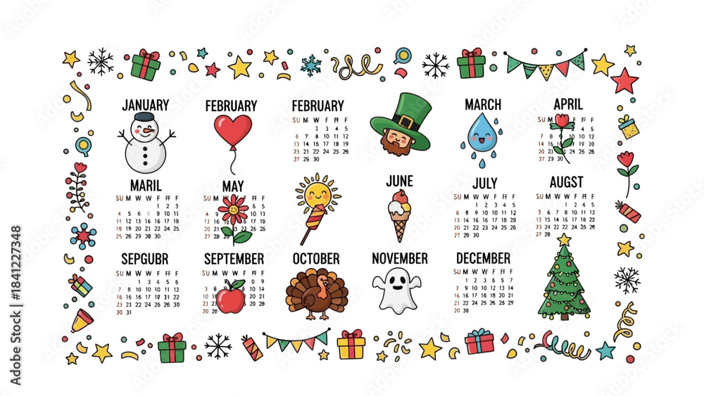 Cute Cartoon Calendar with Seasonal Icons for Each Month. Stock Vector ...