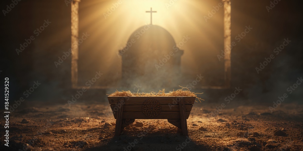 Nativity setting with wooden manger alongside an empty tomb ...