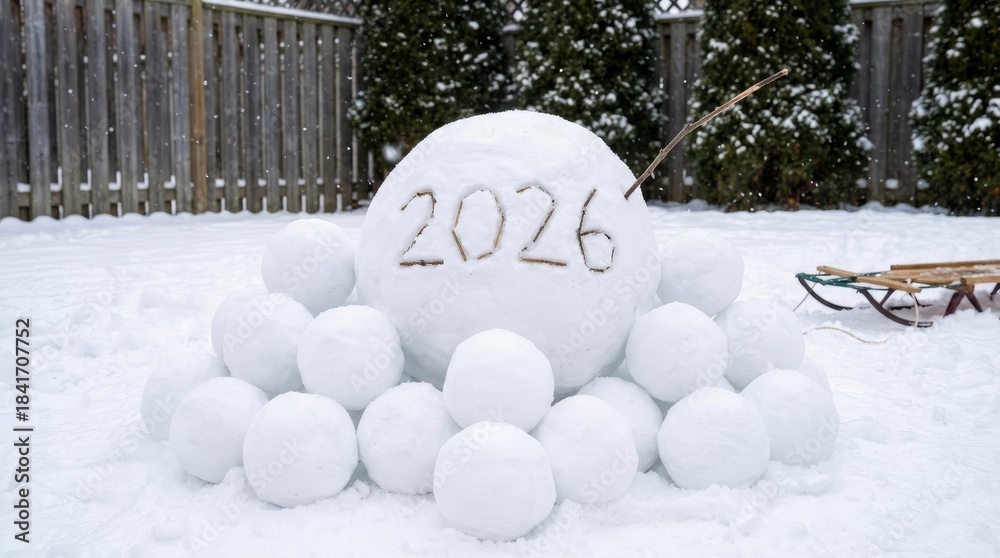 Snowball Pyramid with Year 2026 - A snowball pyramid with the year 2026 ...