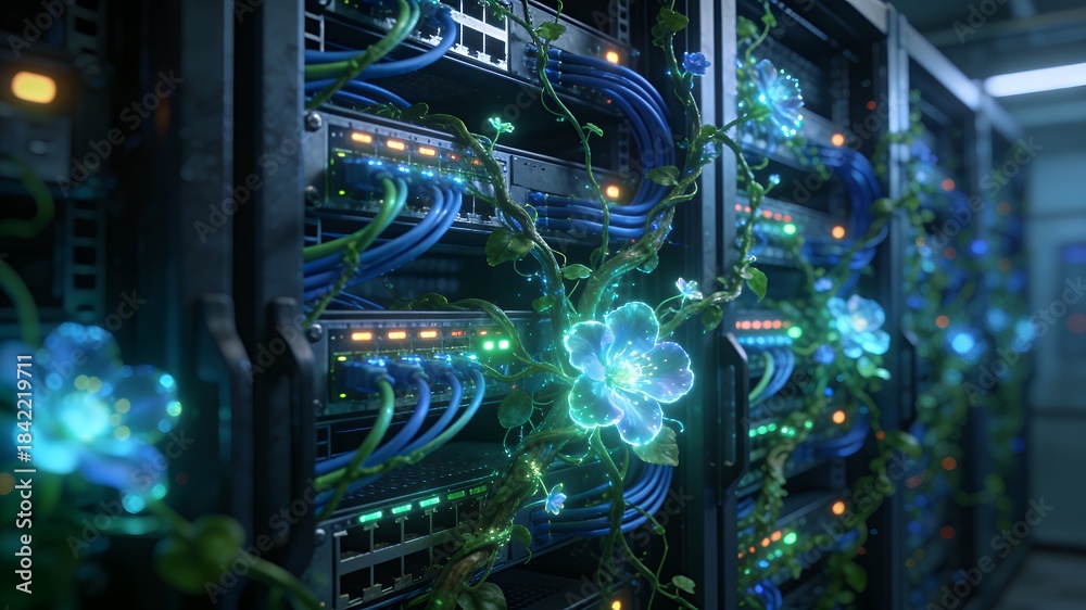 Inside a data center server rack, cables and LEDs transform into ...