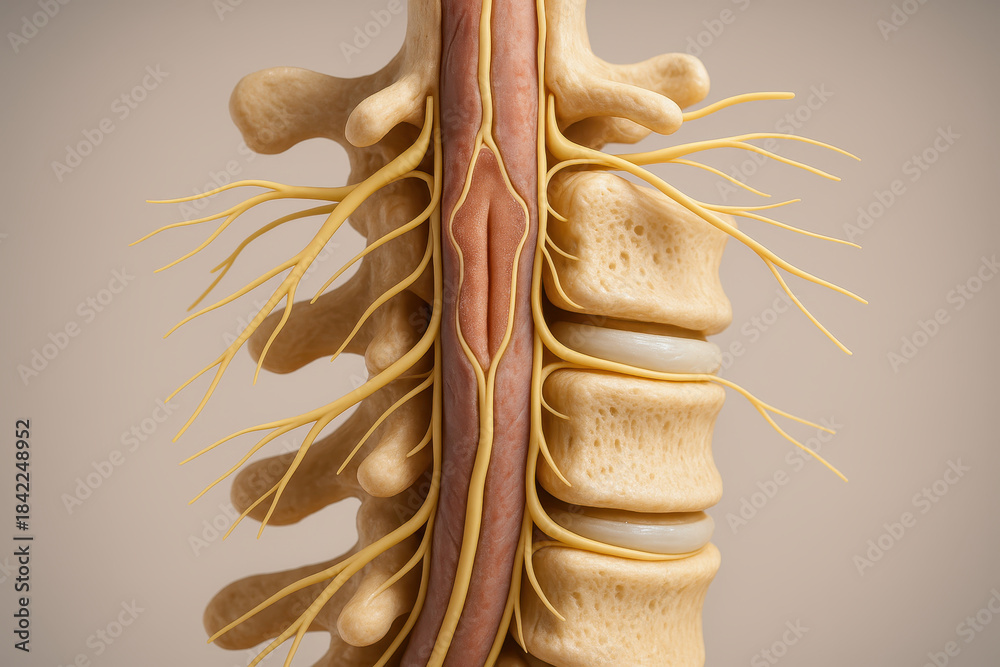 Detailed medical illustration of cervical vertebrae spinal cord and ...
