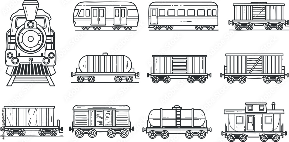 Outline vector illustration of a train and various train cars, ideal ...