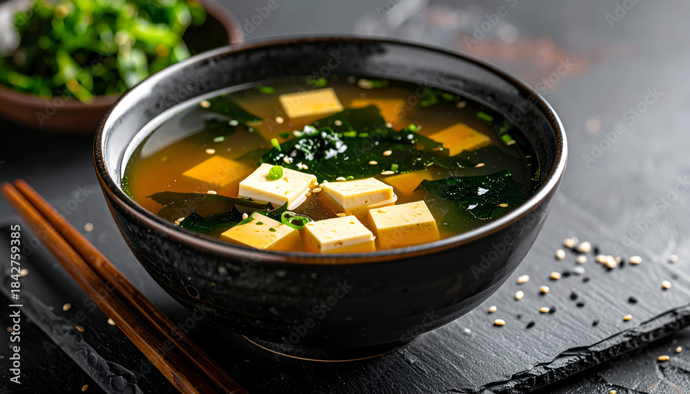 miso soup with tofu cubes and seaweed, clear umami broth, simple ...