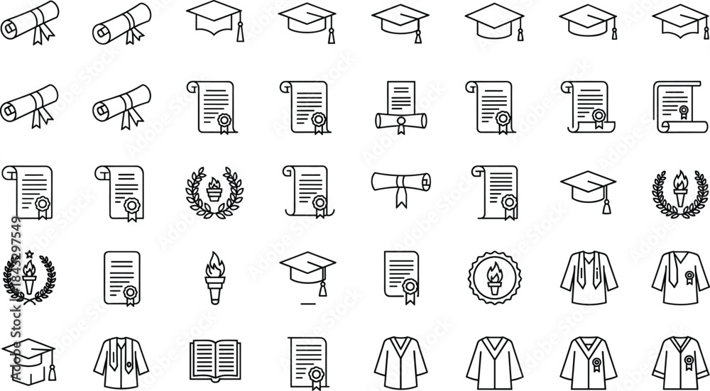 Graduation and education outline icon set featuring diplomas ...