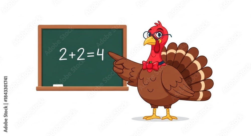 Photo Stock Funny cartoon turkey wearing glasses and a bow tie points ...