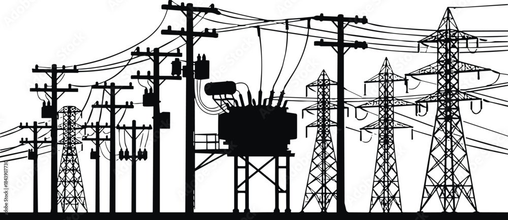 Complete Electrical Power Grid Infrastructure Silhouette Vector ...