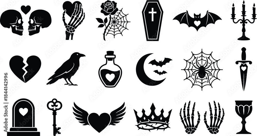 Anti valentine and breakup silhouette icon set. Broken heart, poison ...