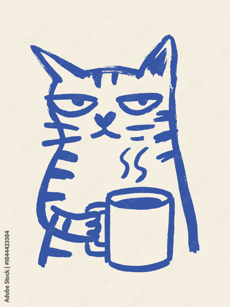 Vetor Cat with coffee mug hand drawn line art vector illustration do ...
