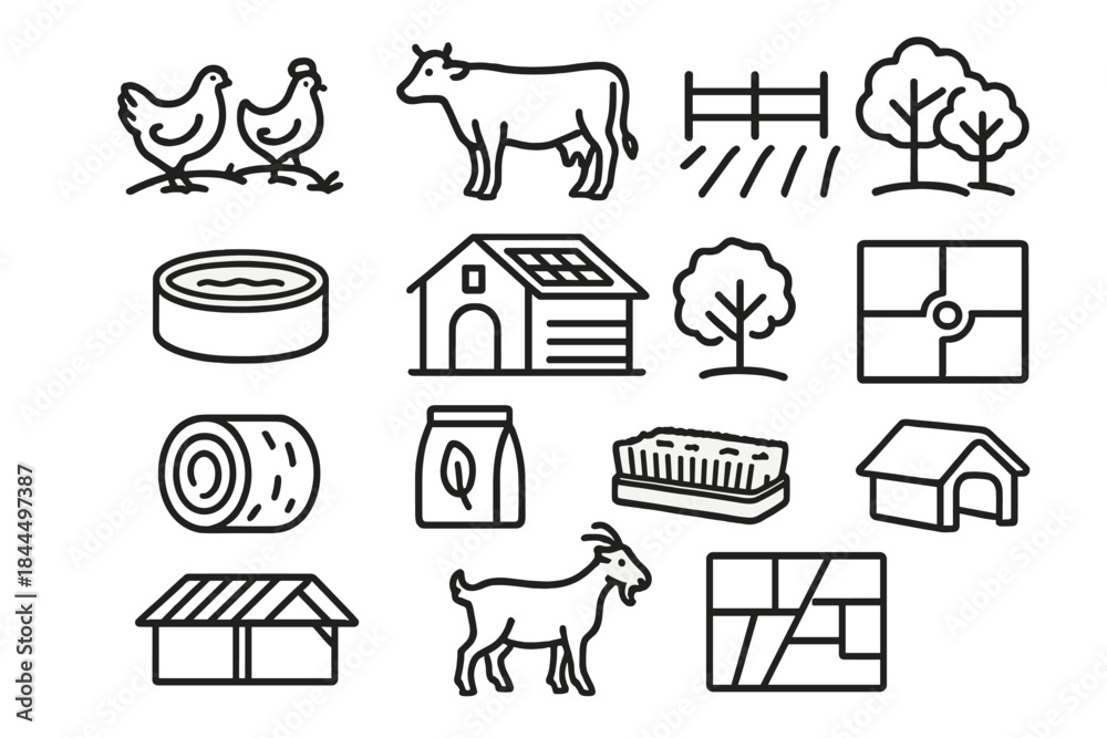 Sustainable Farming Icons. Organic Livestock Systems linear set ...