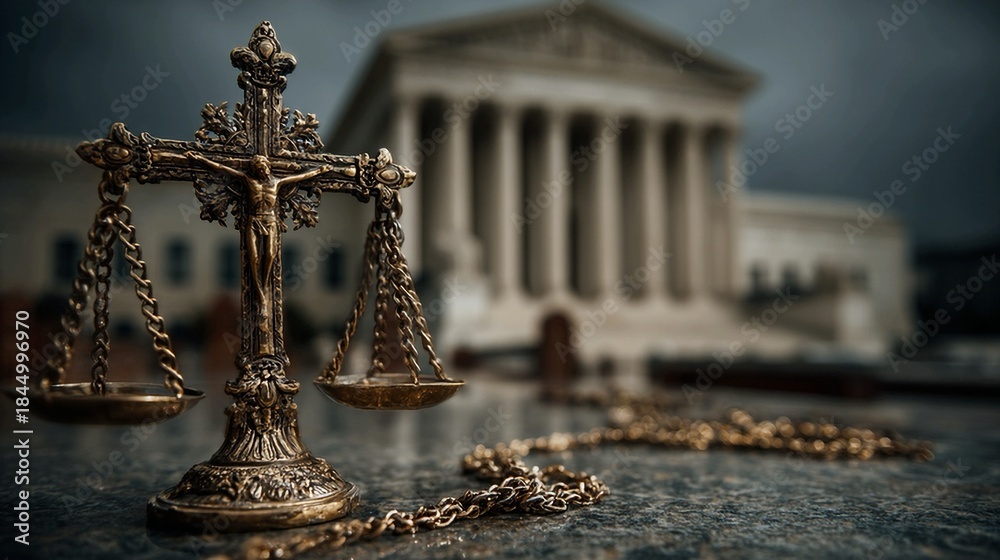 Symbolic scales of justice with crucifix foregrounding grand classical ...