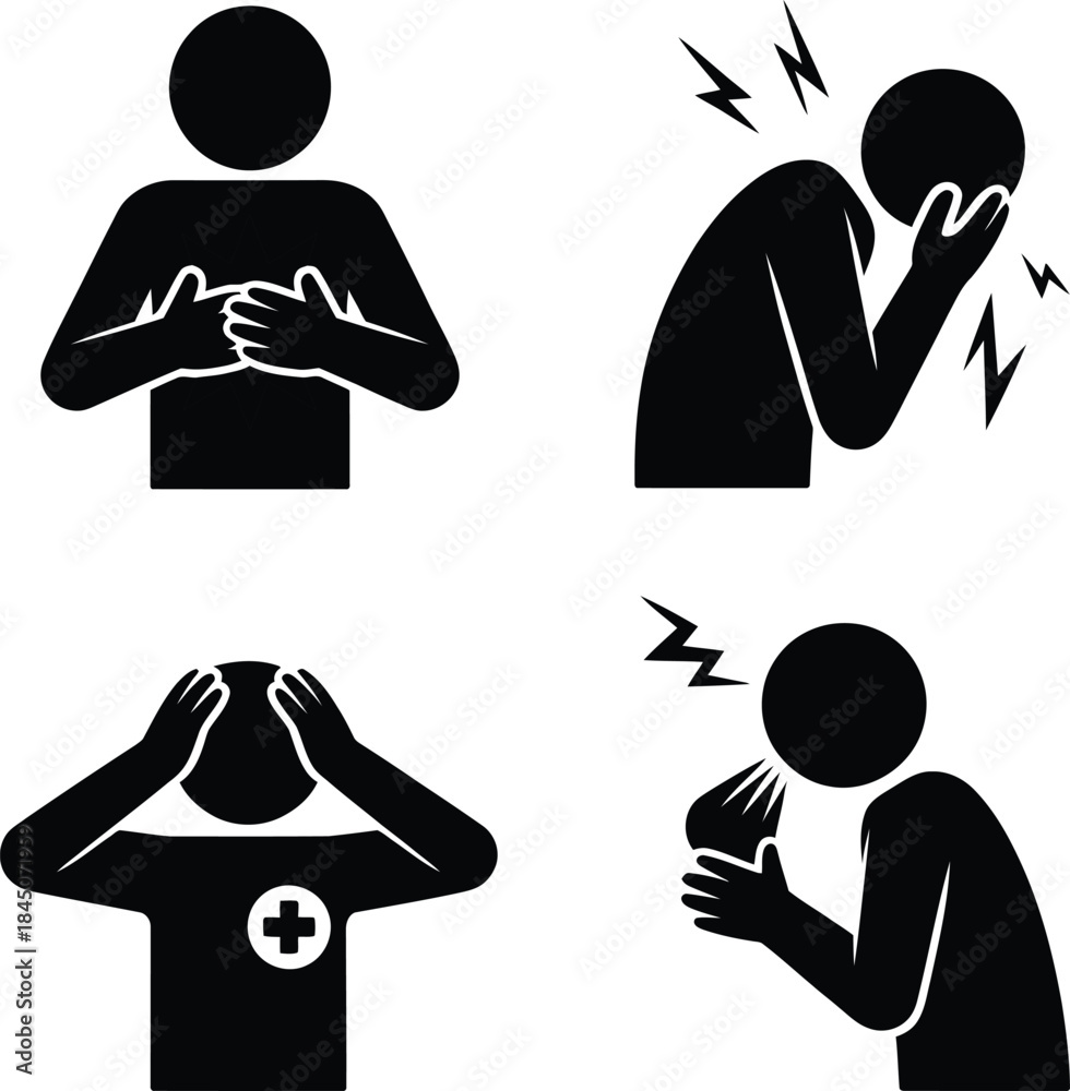 Set of pictograms depicting common human illness symptoms and health ...