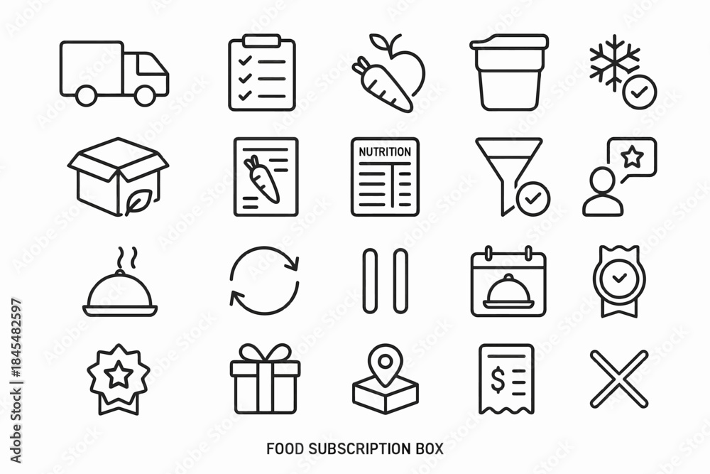 Icon set: food subscription box, nutrition, delivery, packaging ...