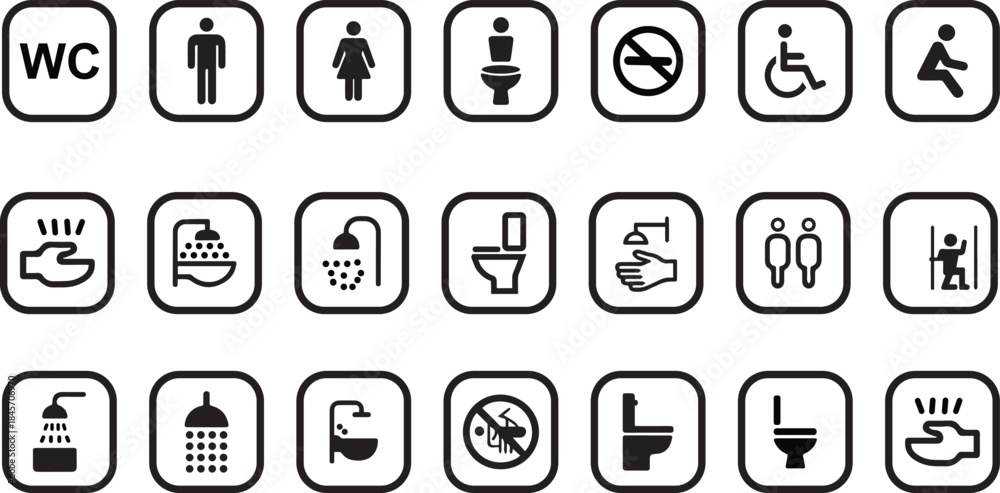 Toilet icon set with WC signage featuring washroom symbols for male ...