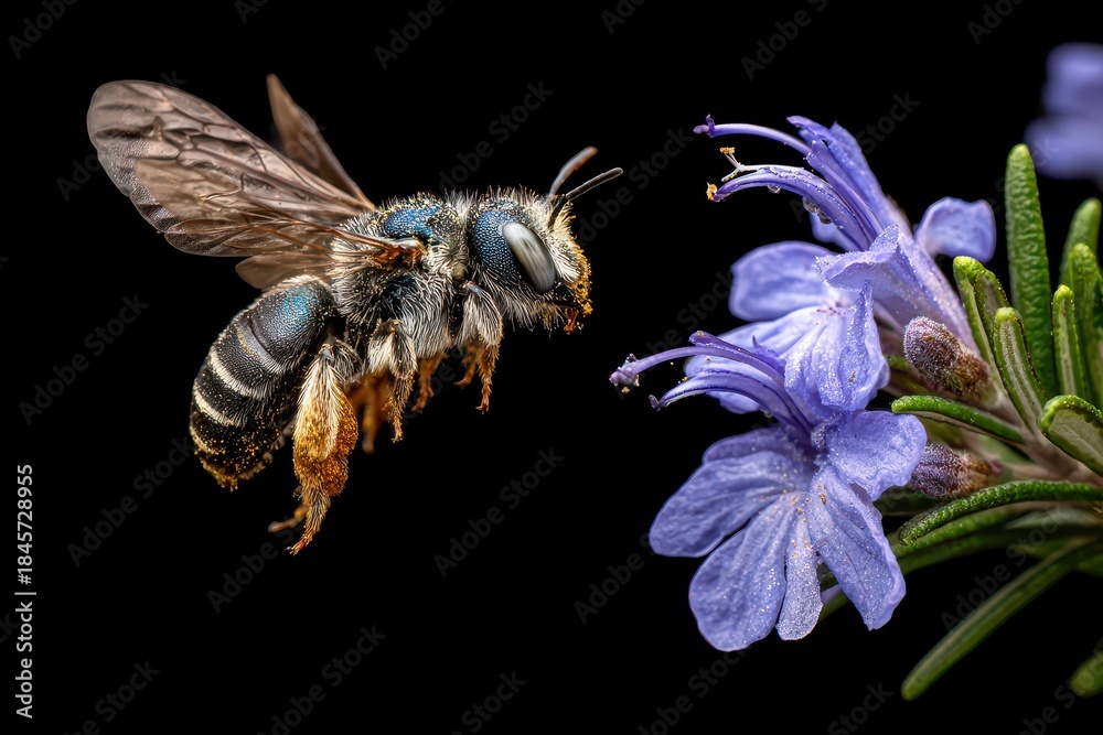 Mason Bee (Osmia Lignaria) in Flight, Pollinating Vibrant Rosemary ...
