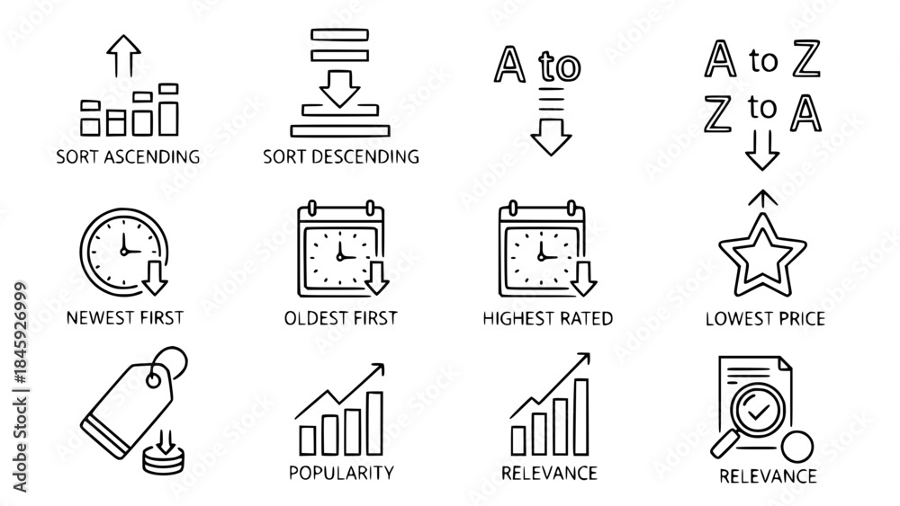 Sorting icons depict data hierarchy and chronology in a schematic ...