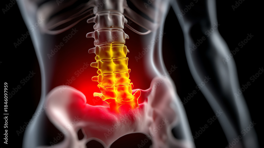 Lower back pain highlighted in a human skeletal model showing the ...