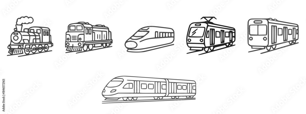 Vector de Stock Line art icon set of different train , locomotive types ...