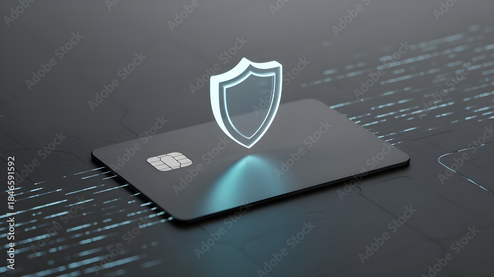 Credit card with glowing shield icon above chip, representing ecommerce ...