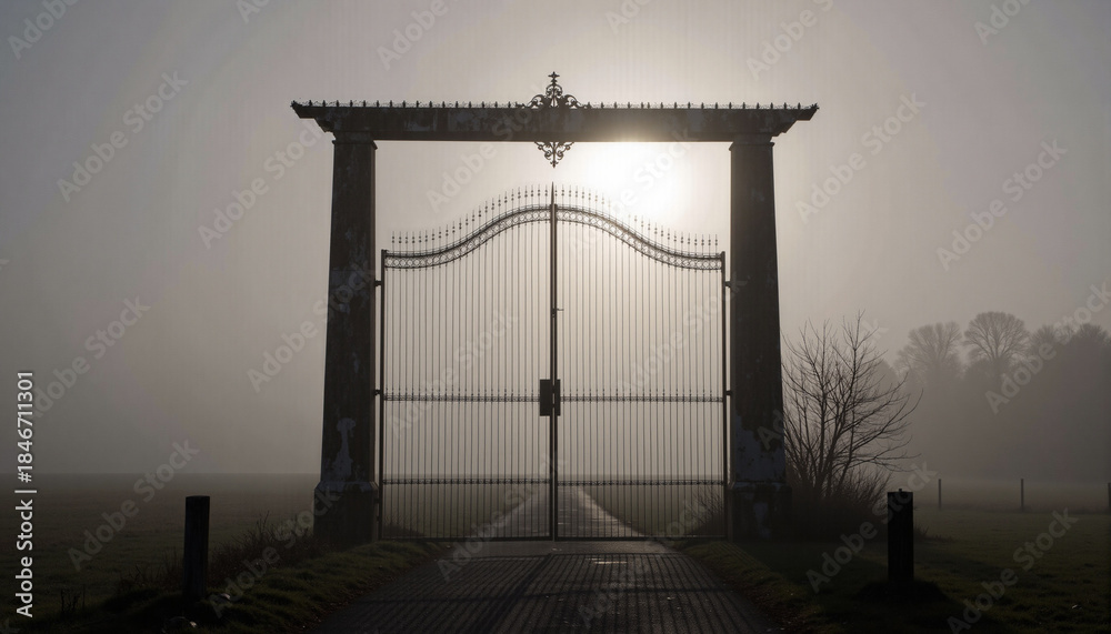 Foggy sunrise over historic gates symbolizing remembrance of genocide ...