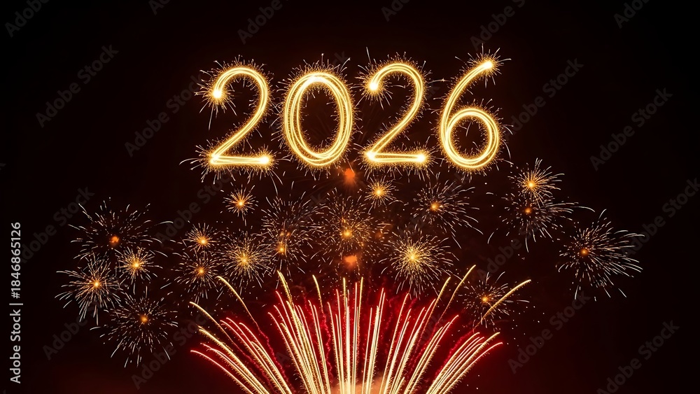 Illustration Stock Year 2026 in sparkler font, stars and firework ...