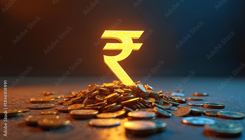 Golden Indian Rupee symbol rests on pile of coins. Represents economic ...