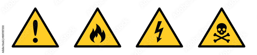 Hazard and warning sign icon set. Caution, danger, fire, high voltage ...