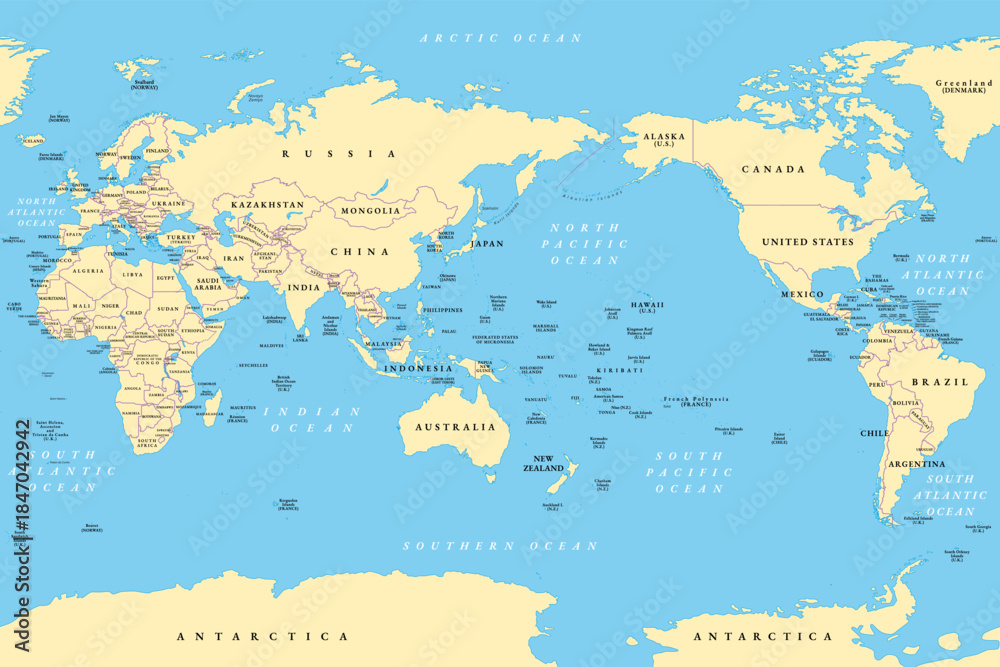 Pacific centered world map. Political map in cylindrical projection ...