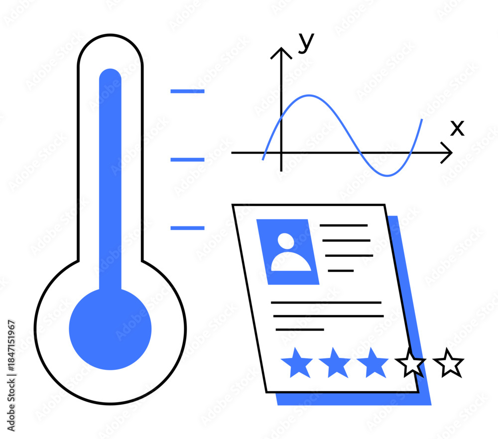 Thermometer with markings, line graph showing data trends, and document ...