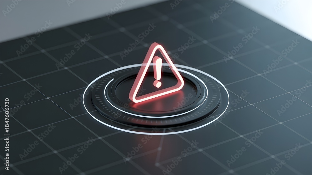 Glowing triangular alert icon over concentric rings on a grid surface ...