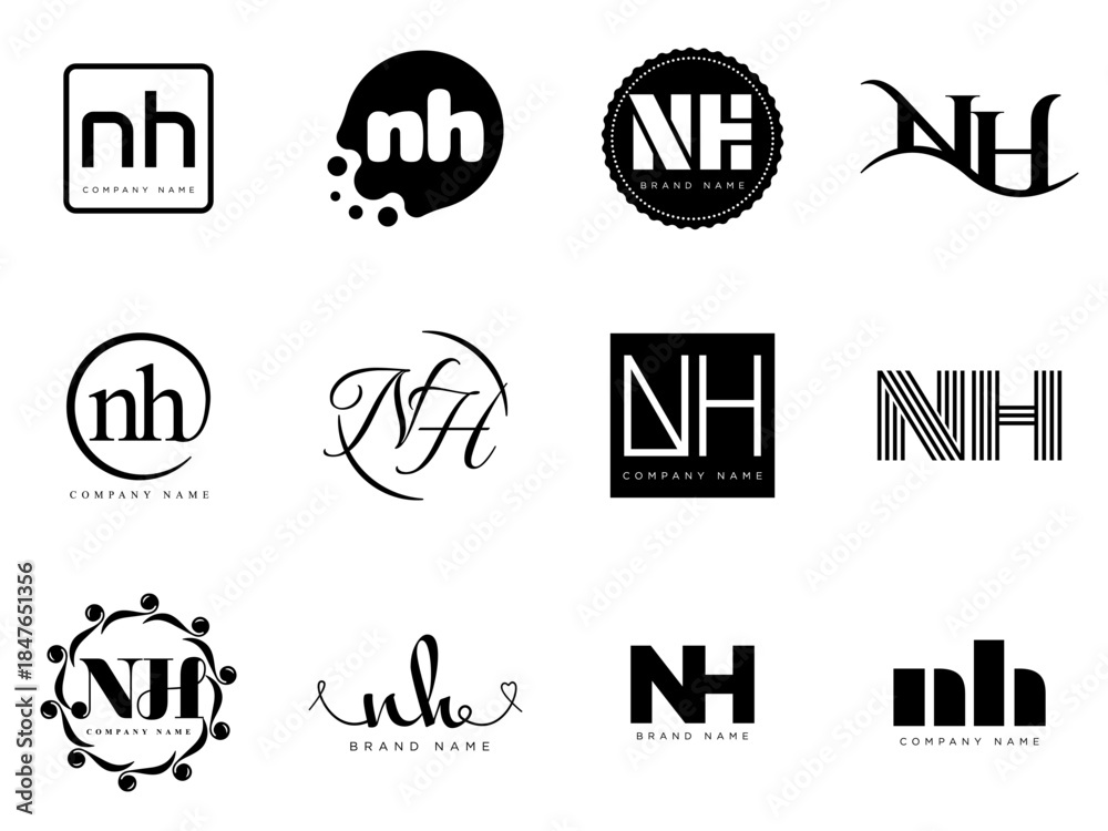 NH logo company template. Letter n and h logotype. Set different ...