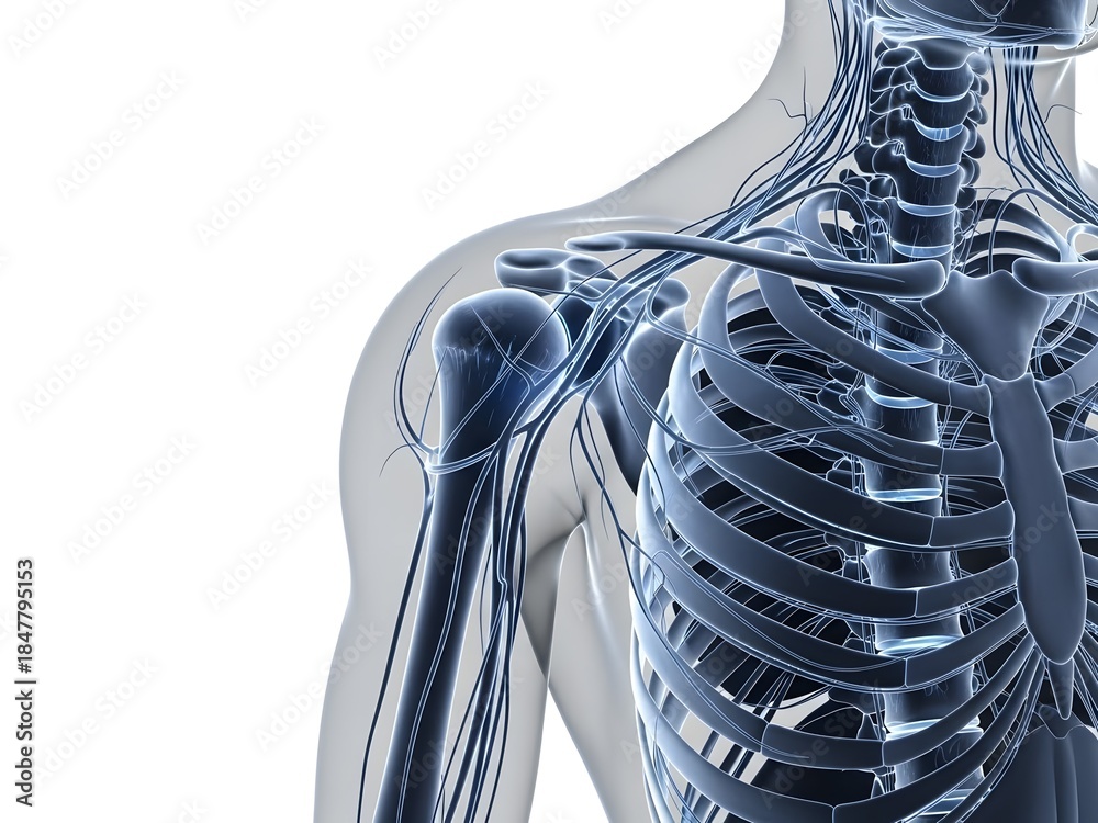 3D futuristic X-ray view of the human shoulder anatomy, highlighting ...