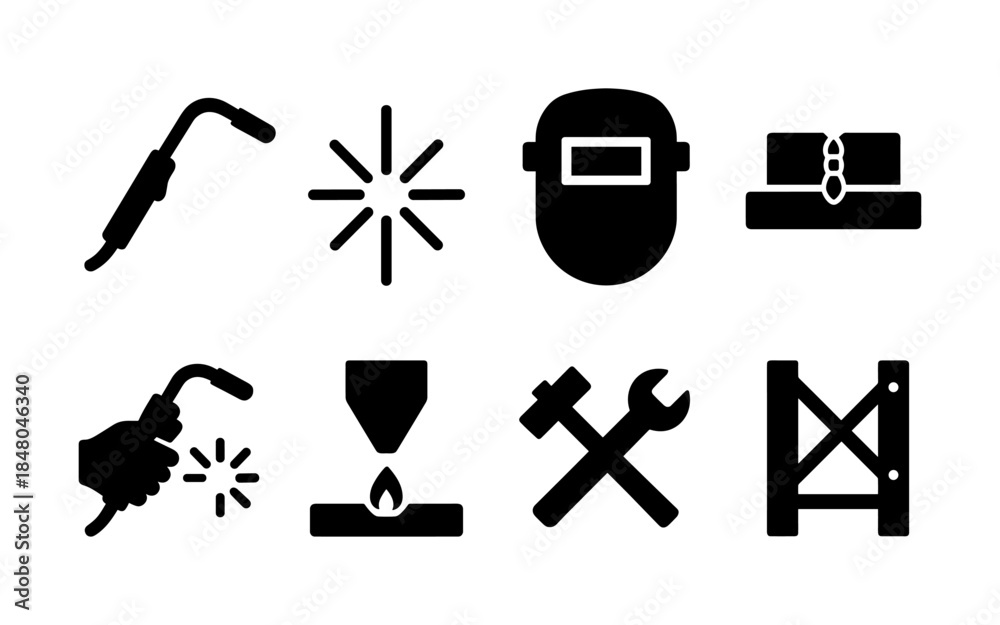 Vector de Stock Welding icons set: torch, sparks, mask, metal seam ...