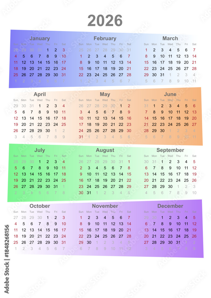 Calendar vector template for 2026 year. Week Starts on Sunday ...