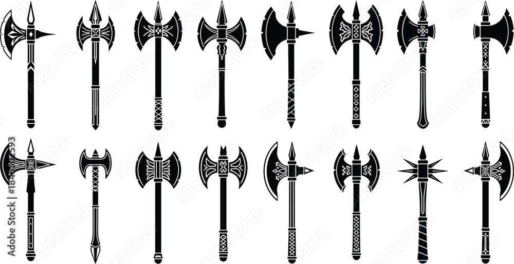 Fantasy battle axes silhouettes collection, medieval double headed axe ...