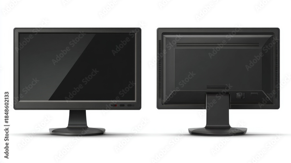 two monitors placed side by side, each featuring a black screen with a ...