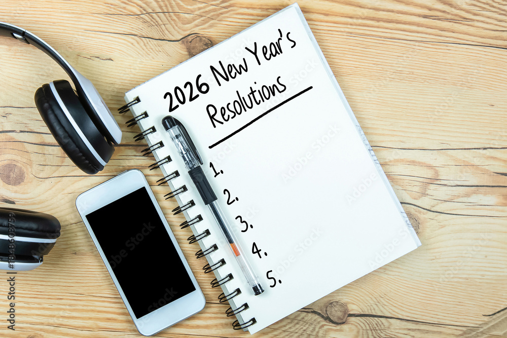 Stock-Foto „2026 New Year's Resolution Text on Note Pad“ | Adobe Stock