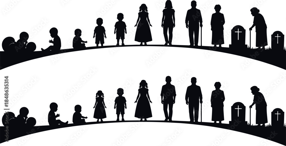 Human life cycle silhouette vector illustration showing stages from ...