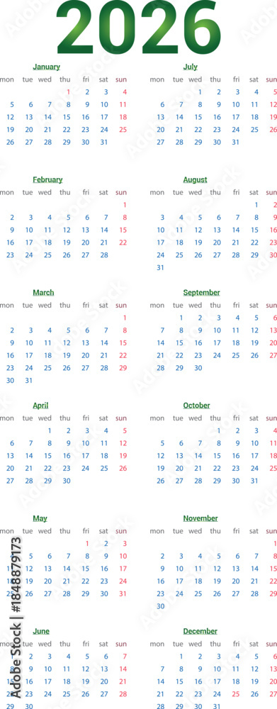 2026 Calendar Grid With Months Days Of The Week And Numbered Dates ...
