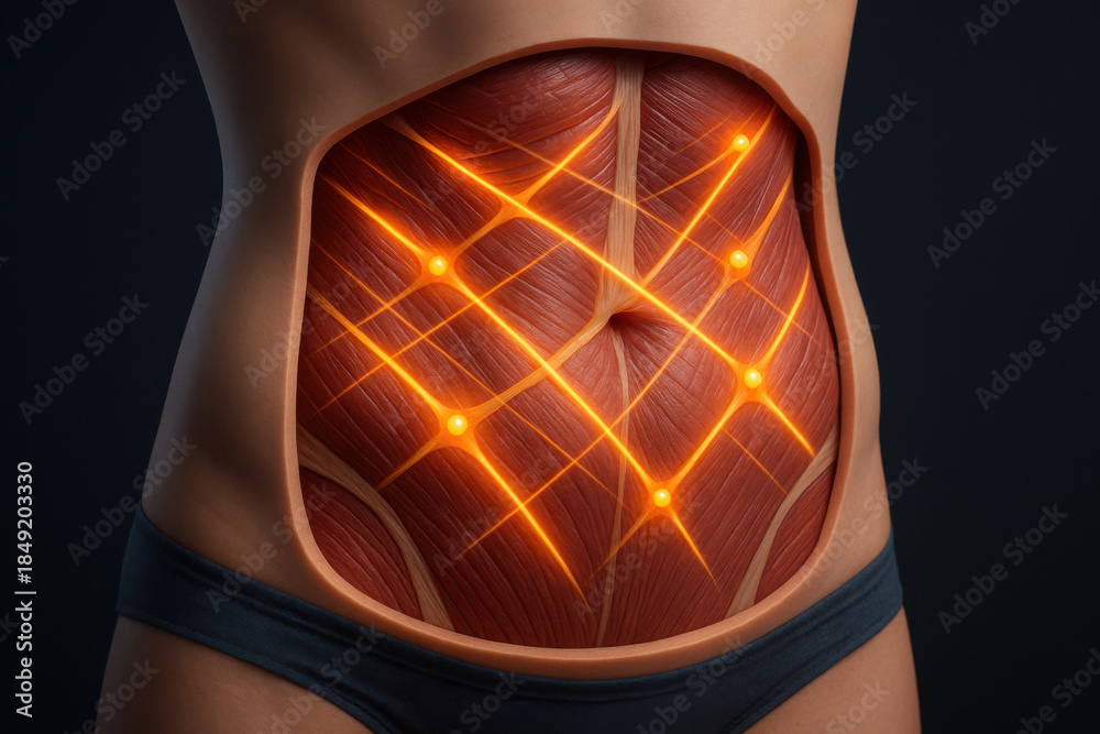 Cutaway fascia tension visualization of woman abdomen shows tightened ...