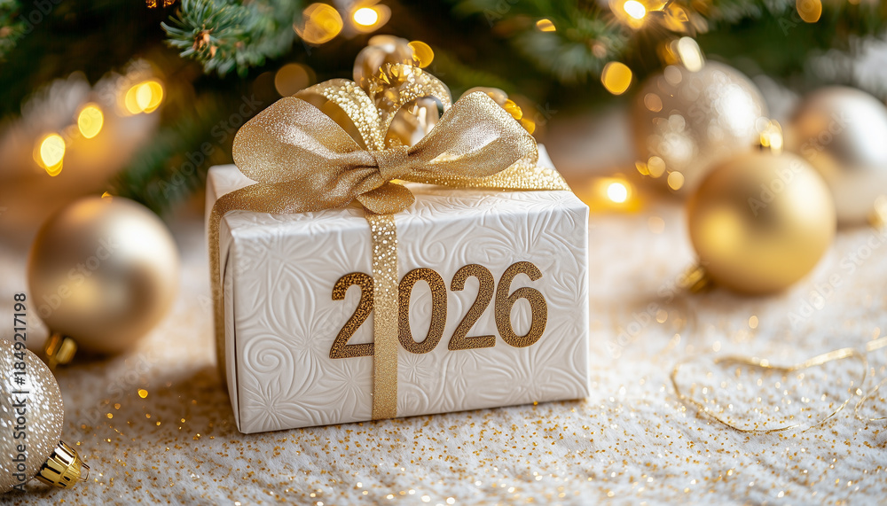 Illustration Stock A white gift box with the text 2026. The concept of ...