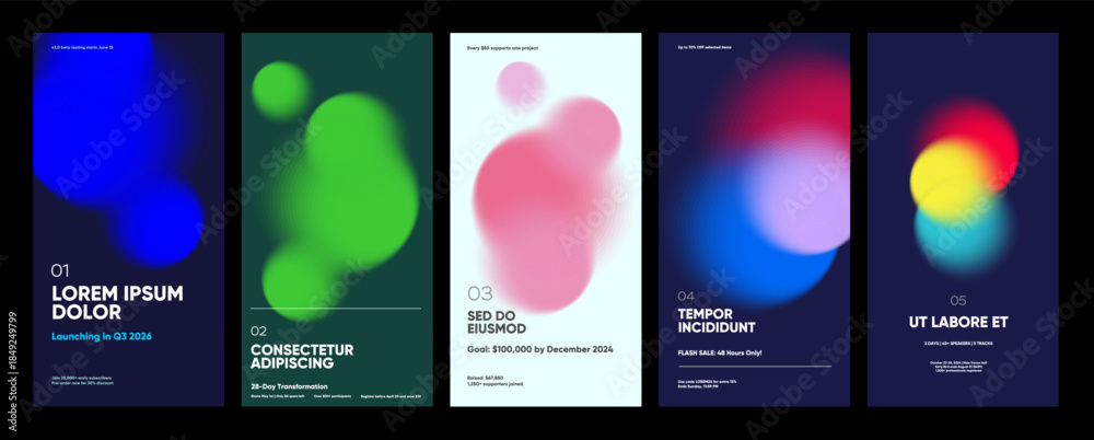 A series of five modern, abstract posters featuring vibrant, blurred ...