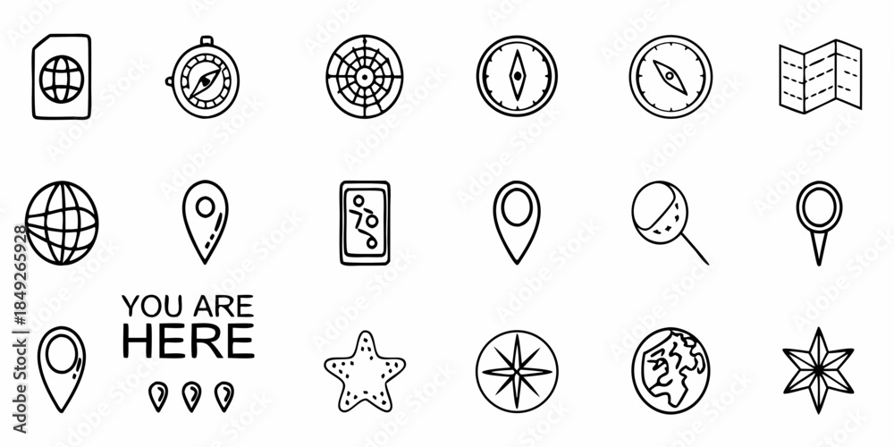 Navigation Icons Set, Map Symbols, Compass, Globe, Location Markers ...