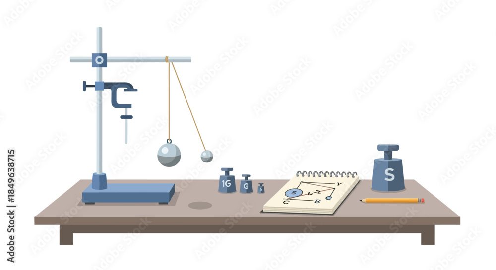 Physics Experiment Setup with Pendulums and Weights on a Table. Stock ...