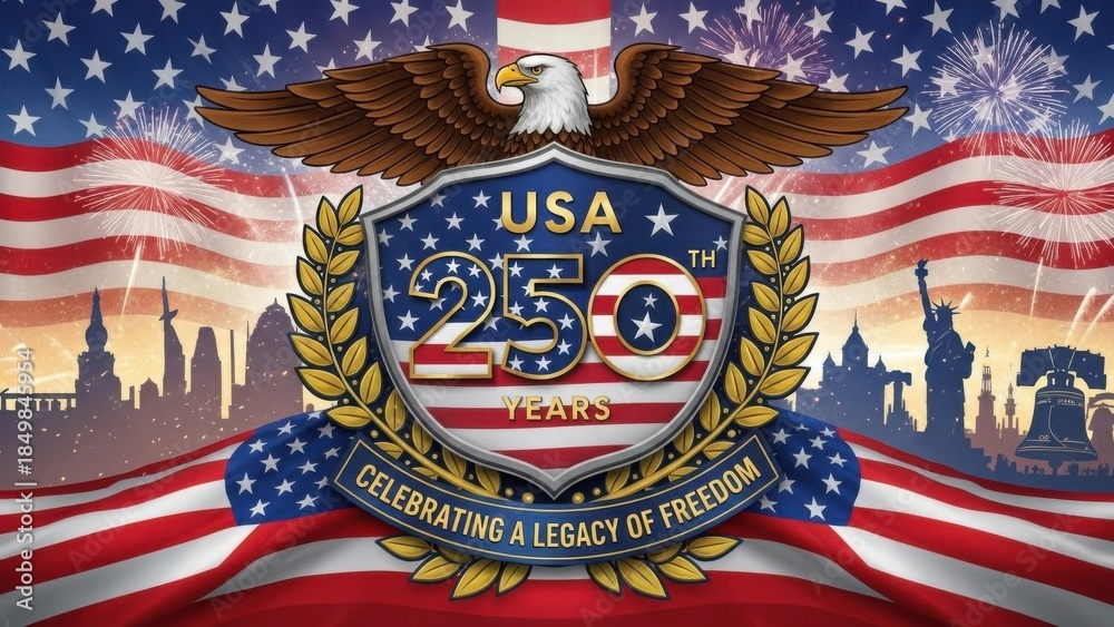 Patriotic USA 250th anniversary shield with bald eagle, stars and city ...