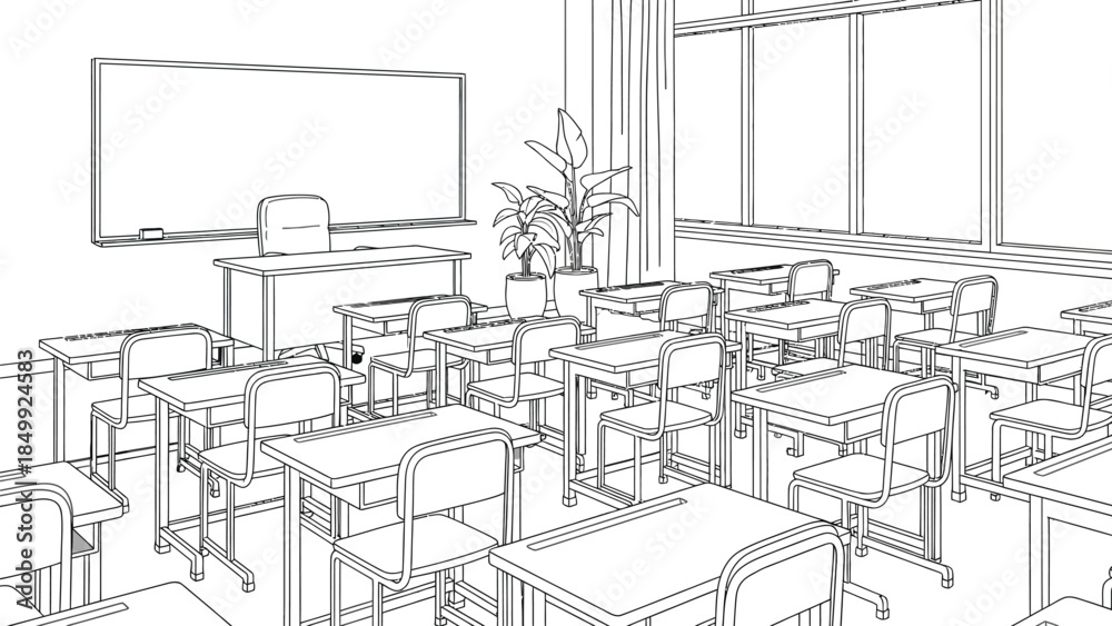 Empty Japanese style classroom with desks chairs and a large whiteboard ...
