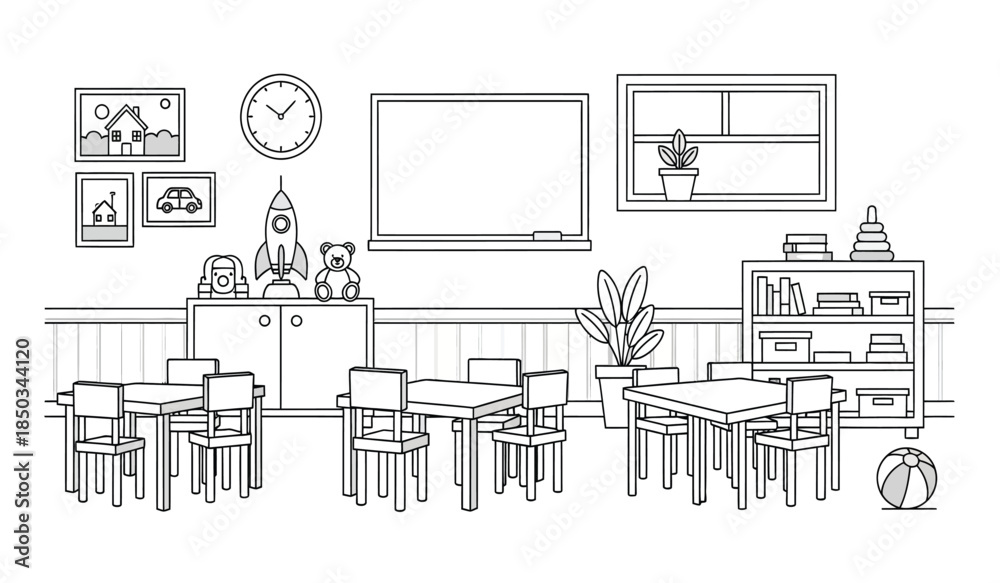 a detailed black and white illustration depicts a classroom setting ...