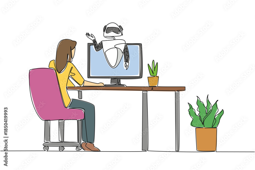 Continuous one line drawing woman sits facing monitor that comes out of ...