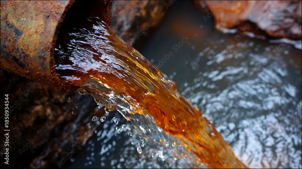 Rust-colored water cascades from a corroded pipe into a pool, droplets ...