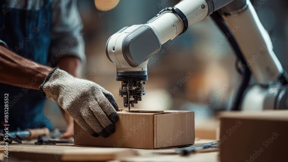 Robotic arm packaging a cardboard box on a factory worktable. Concept ...